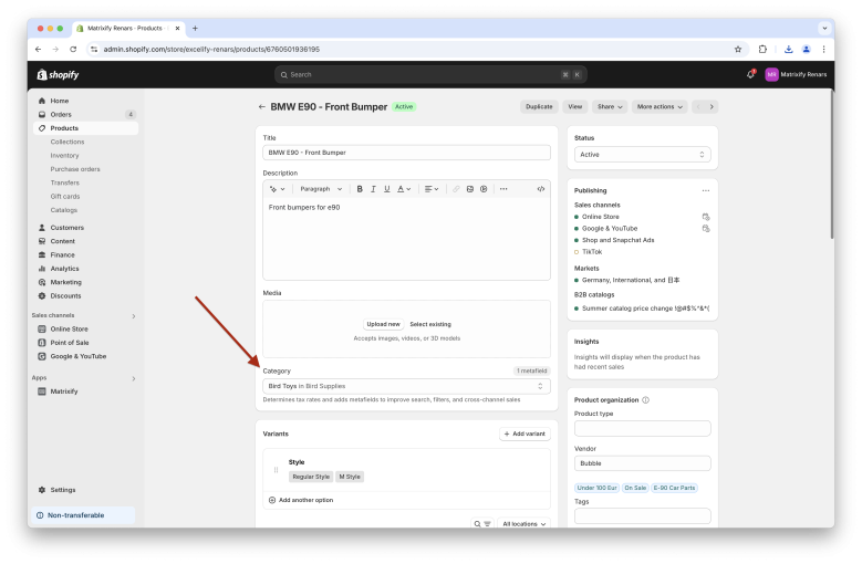 Bulk update Shopify Product Category - Matrixify App