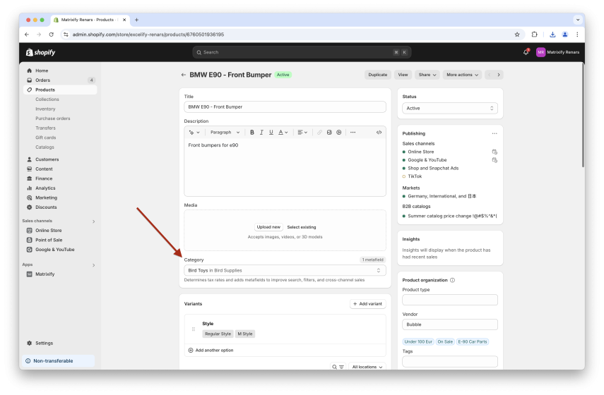 Bulk update Shopify Product Category - Matrixify App