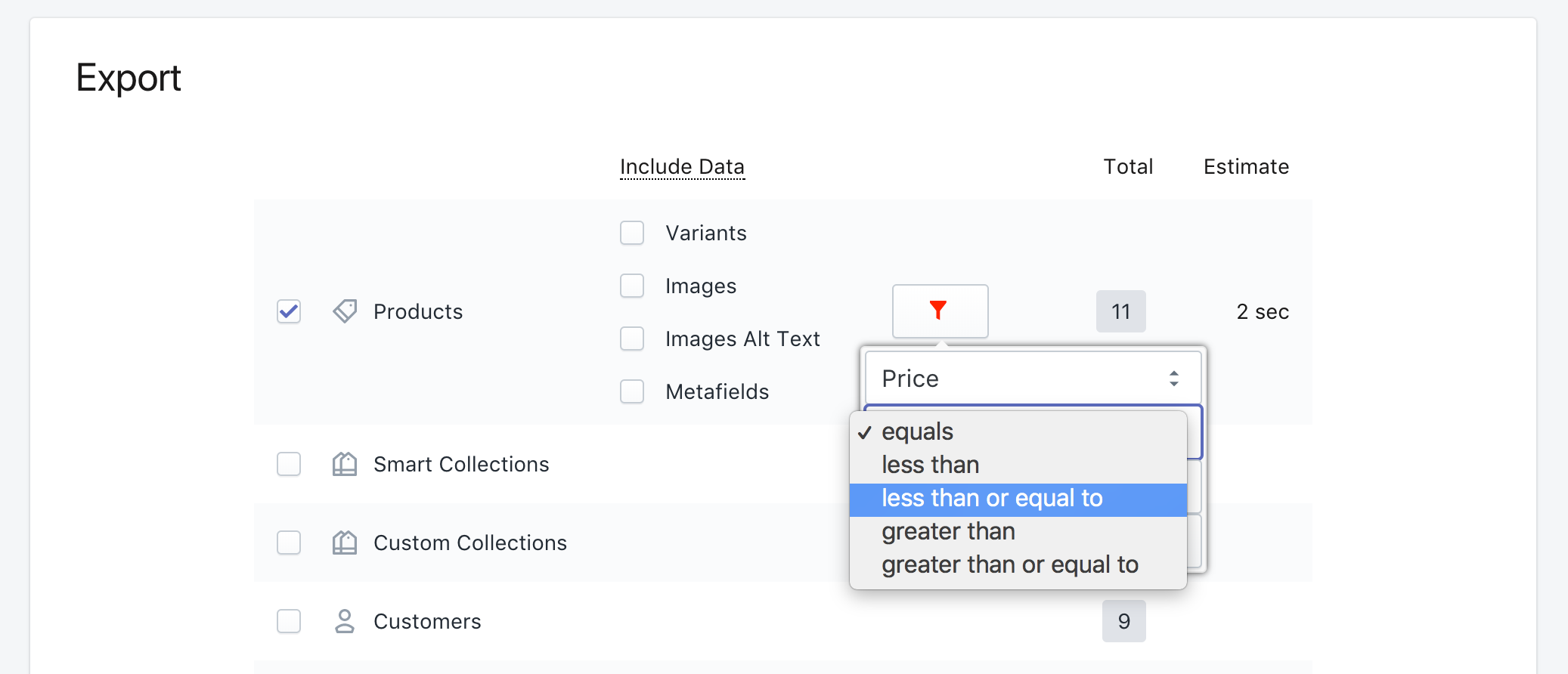 Filter Export By Product Price Matrixify App