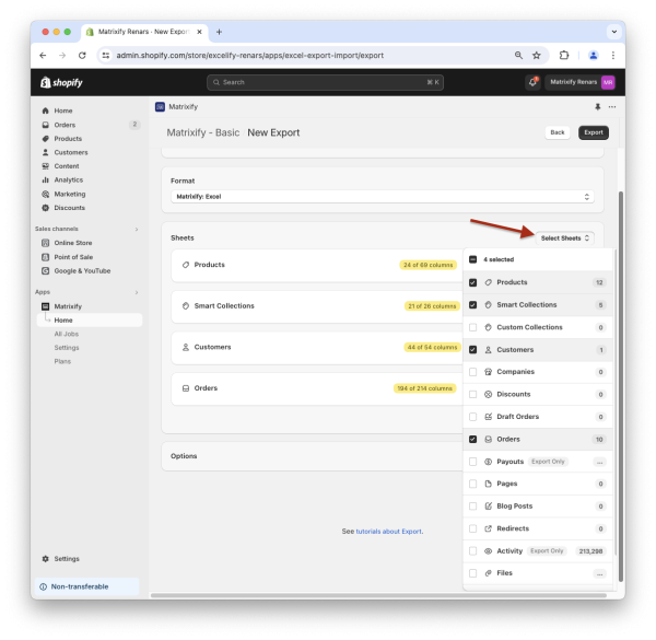 Export Shopify store data to a spreadsheet with Matrixify - Matrixify App