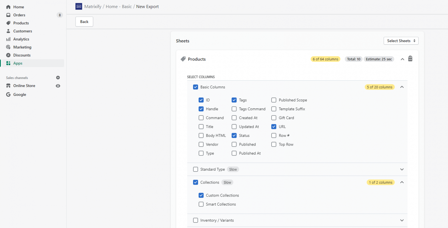 How to create a Shopify data export with custom columns using Matrixify