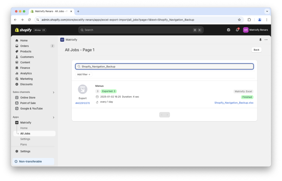 Backup and restore Shopify Navigation Menus - Matrixify App