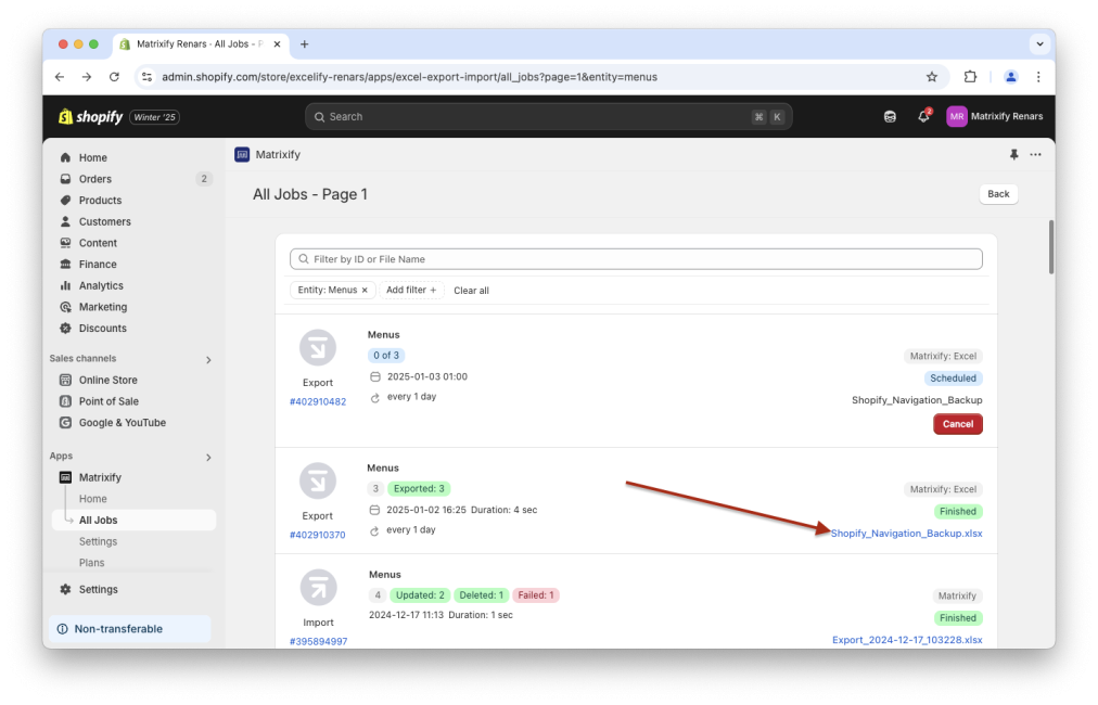 Backup and restore Shopify Navigation Menus - Matrixify App