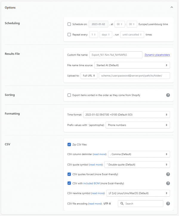 Matrixify Import and Export Job Options - Matrixify App