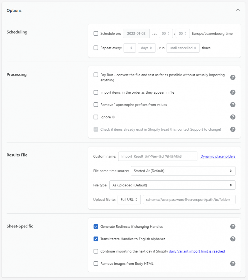 Matrixify Import and Export Job Options - Matrixify App